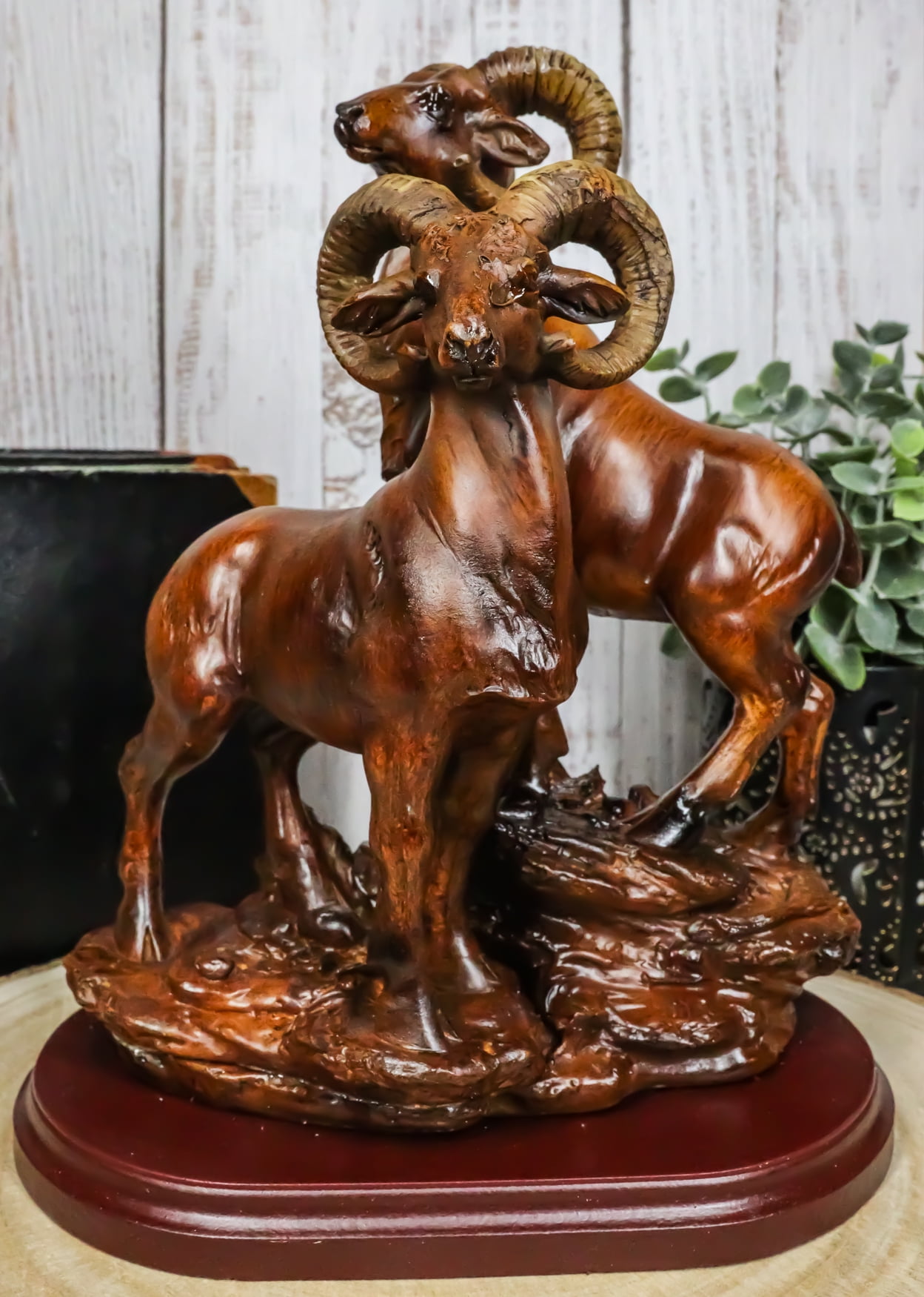 Rustic Country Bighorn Sheep Ram Family On Rock Faux Mahogany Wood ...