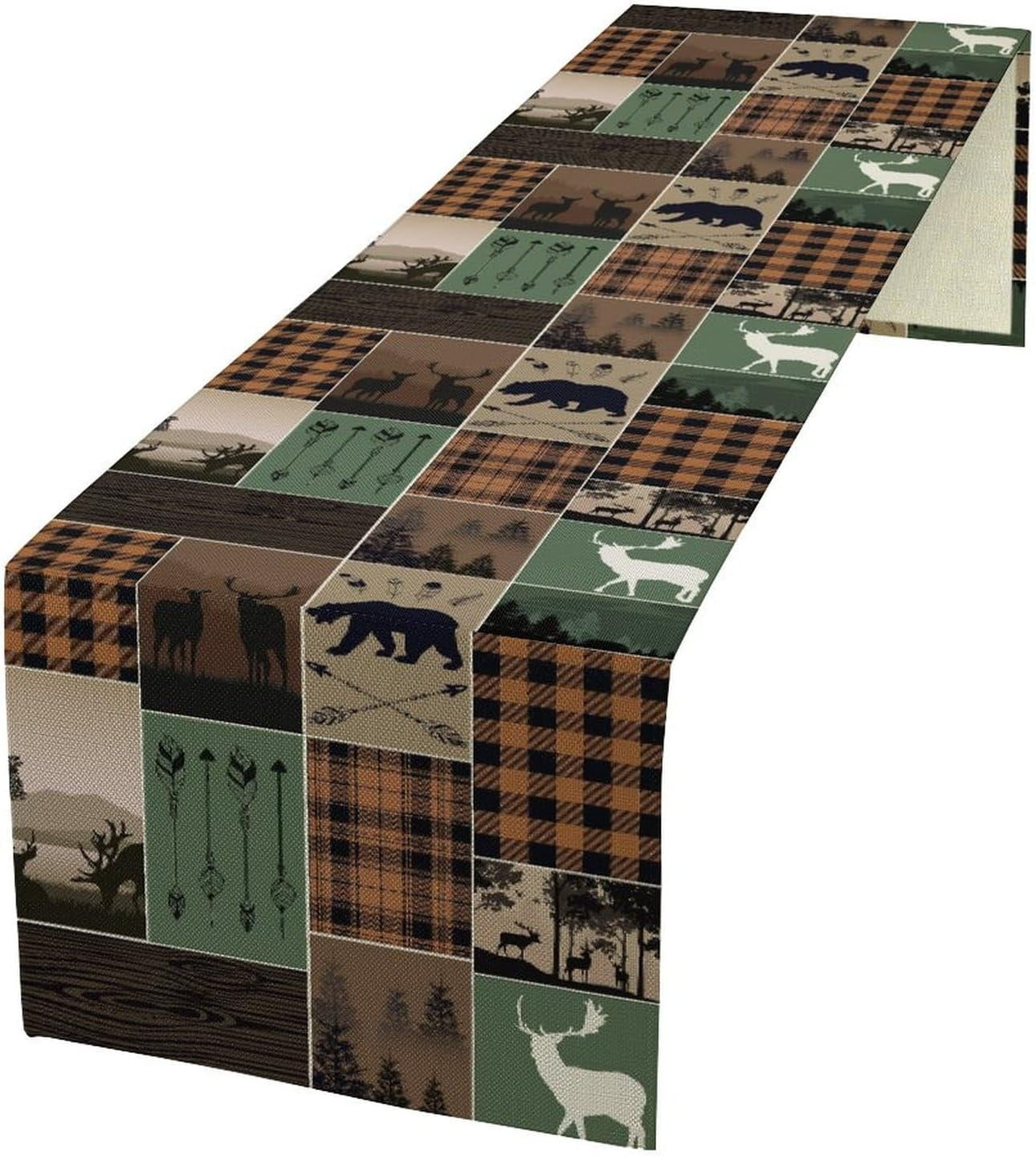Rustic Country Cabin Hunting Moose Table Runner,Retro Green Patchwork ...