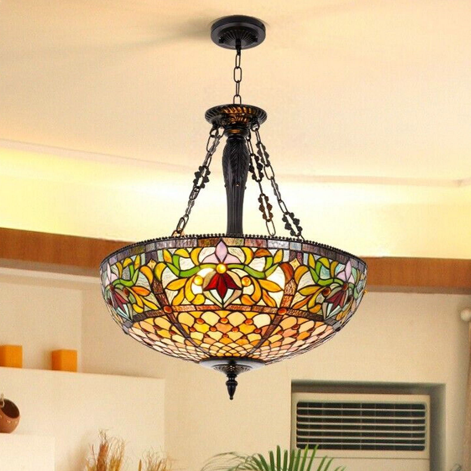 Rustic Country Pendant Lamp Stained Glass Chandelier 5-Light Ceiling ...