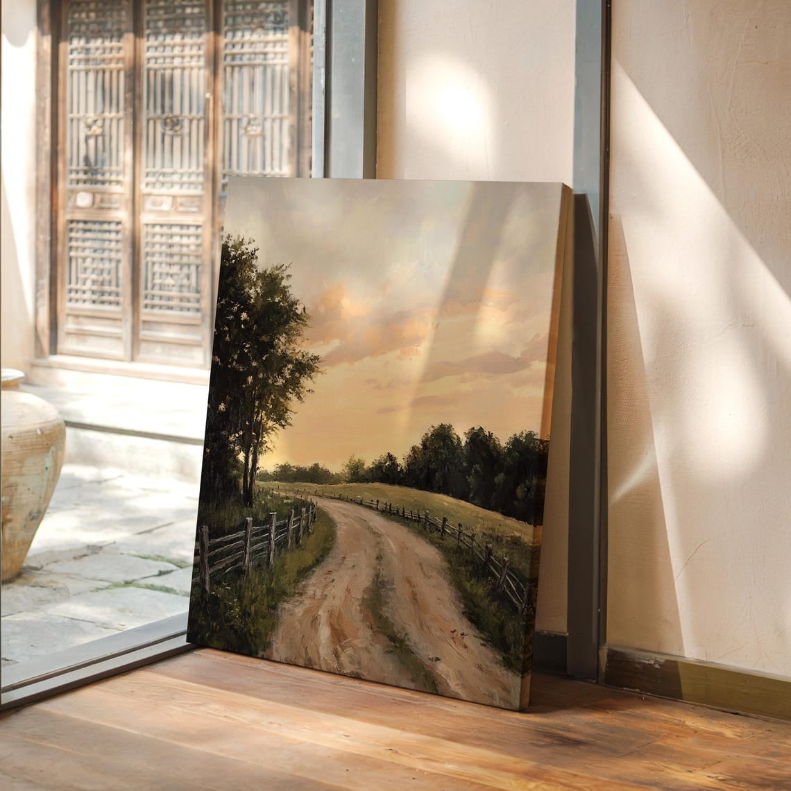 Rustic Country Road Painting, Farmhouse Landscape Art, Sunset Pastoral ...