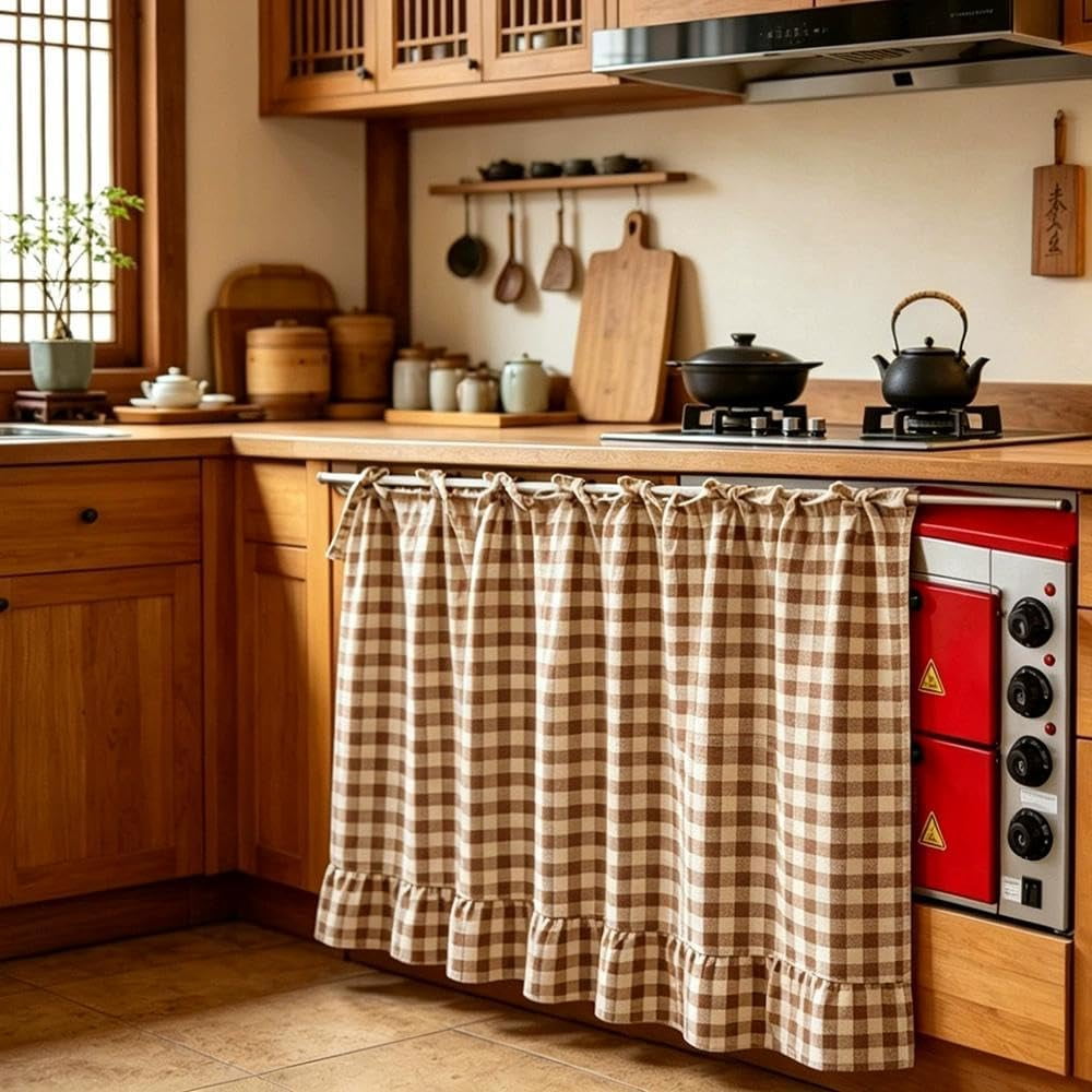 Rustic Country Style Plaid Cabinet Skirt Curtain,Ruffled Trim Tie On ...