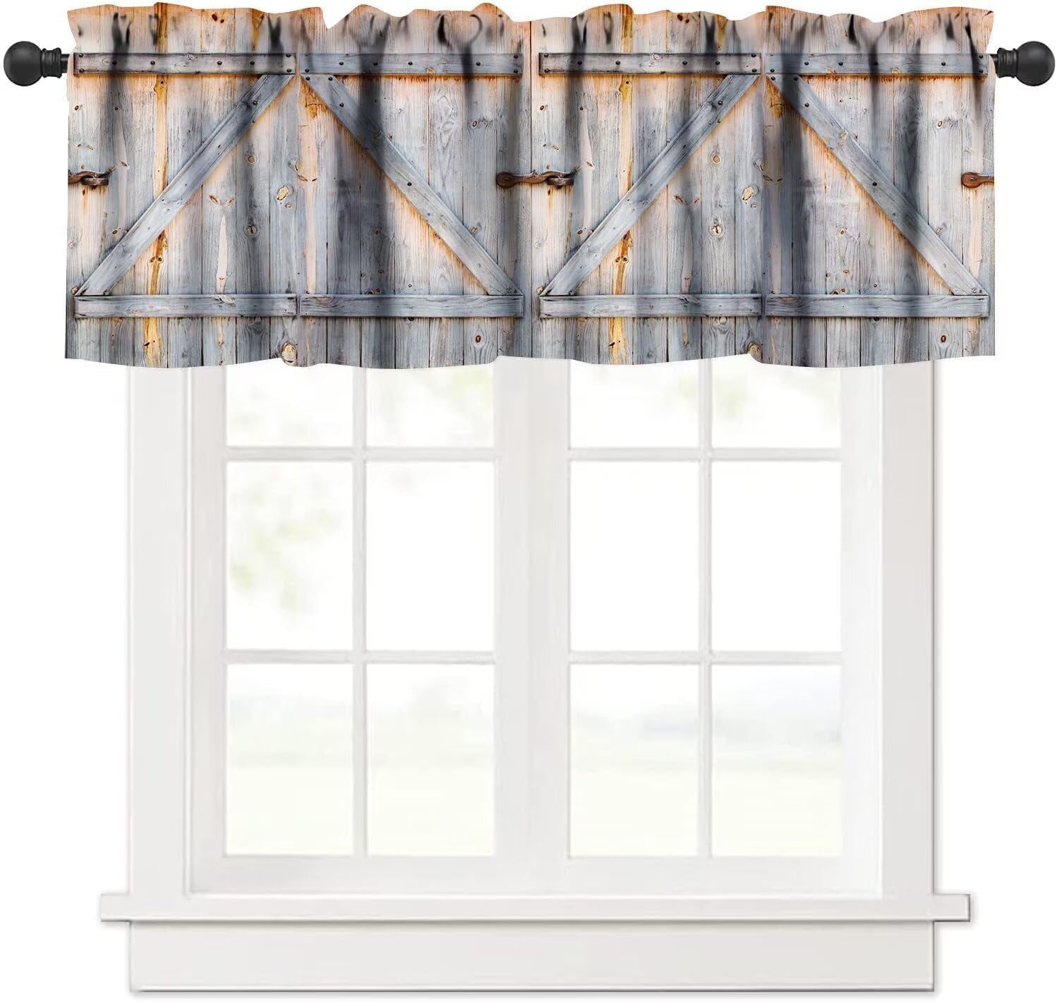 Rustic Country Valance Curtain Wooden Barn Doors Farm Farmhouse Rod Pocket Valance Window ...