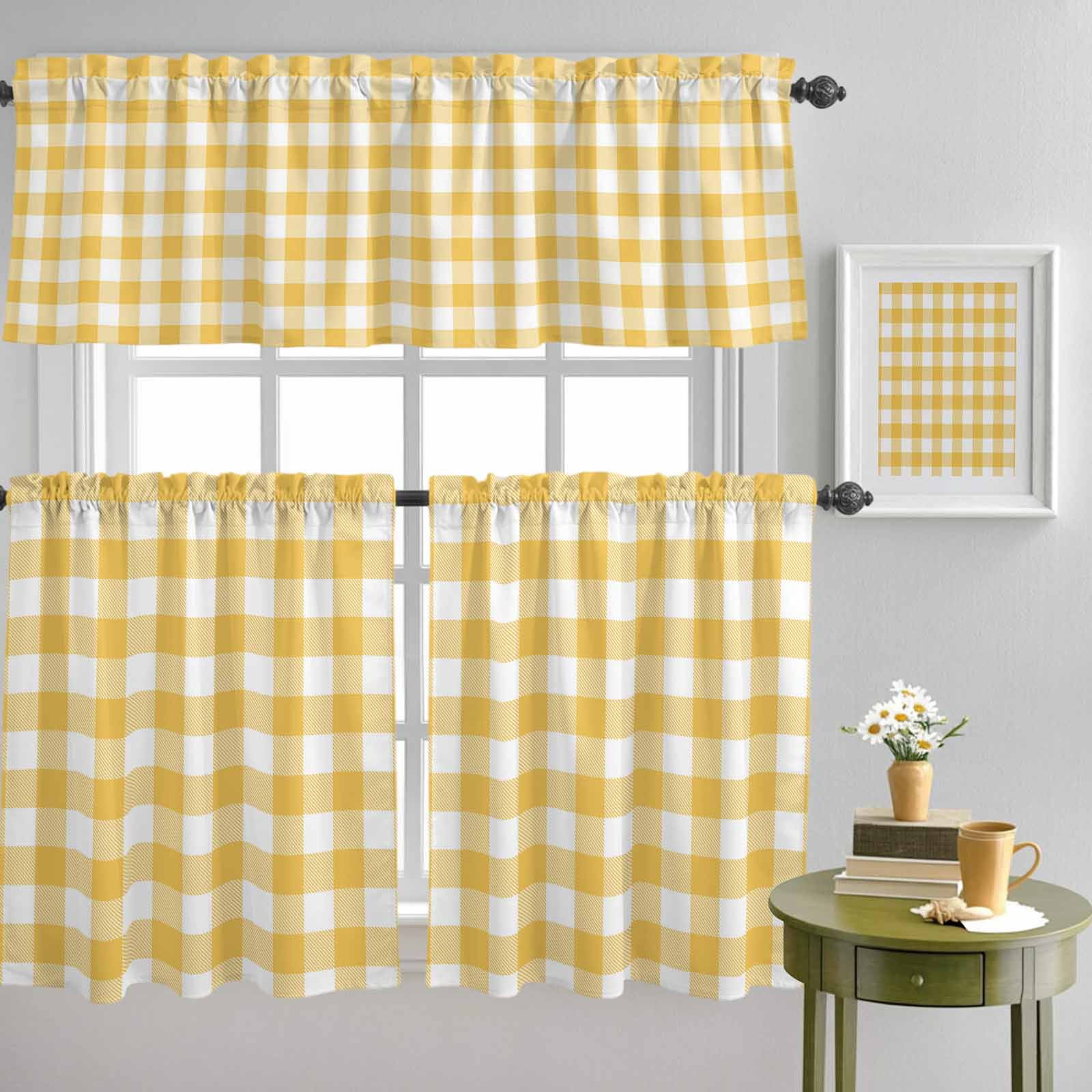 Rustic Country Yellow and White Buffalo Lattice Checked Curtain Tier ...