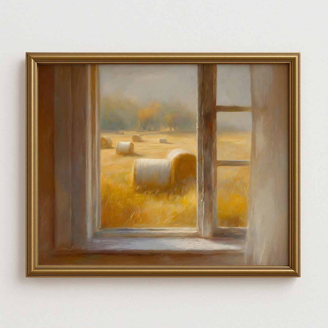 Rustic Countryside Hayfield, Autumn Farm Landscape Wall Art, Golden ...