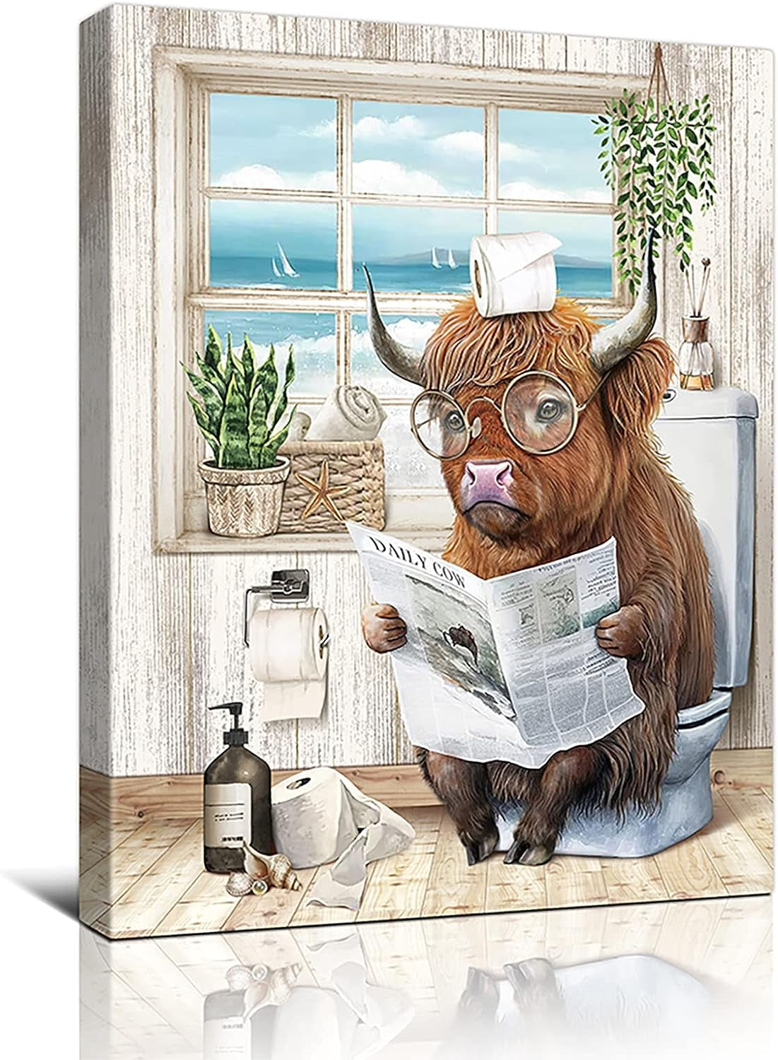 Rustic Cow Bathroom Decor Highland Cow Wall Art Cute Cow Sitting On The ...