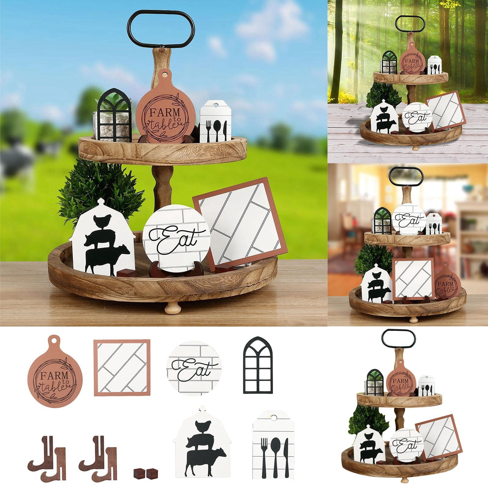 Rustic Cow Chicken Pig Double Layer Tray Set Farmhouse Kitchen Counter ...