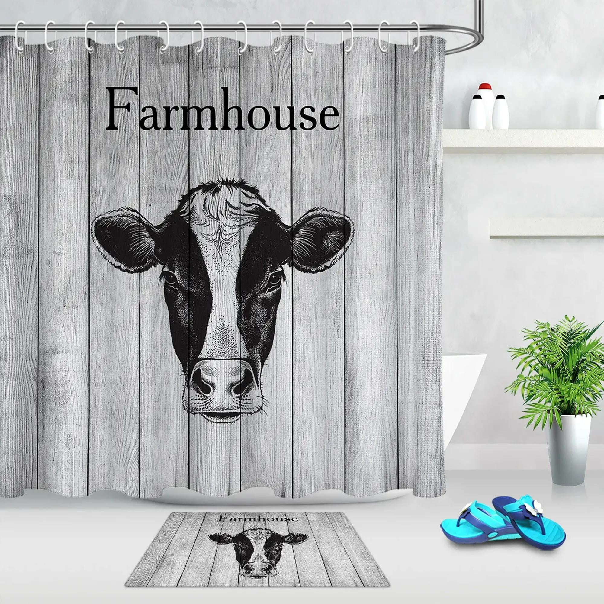 Rustic Cow Print Shower Curtain Set for Farmhouse Bathroom Decor ...