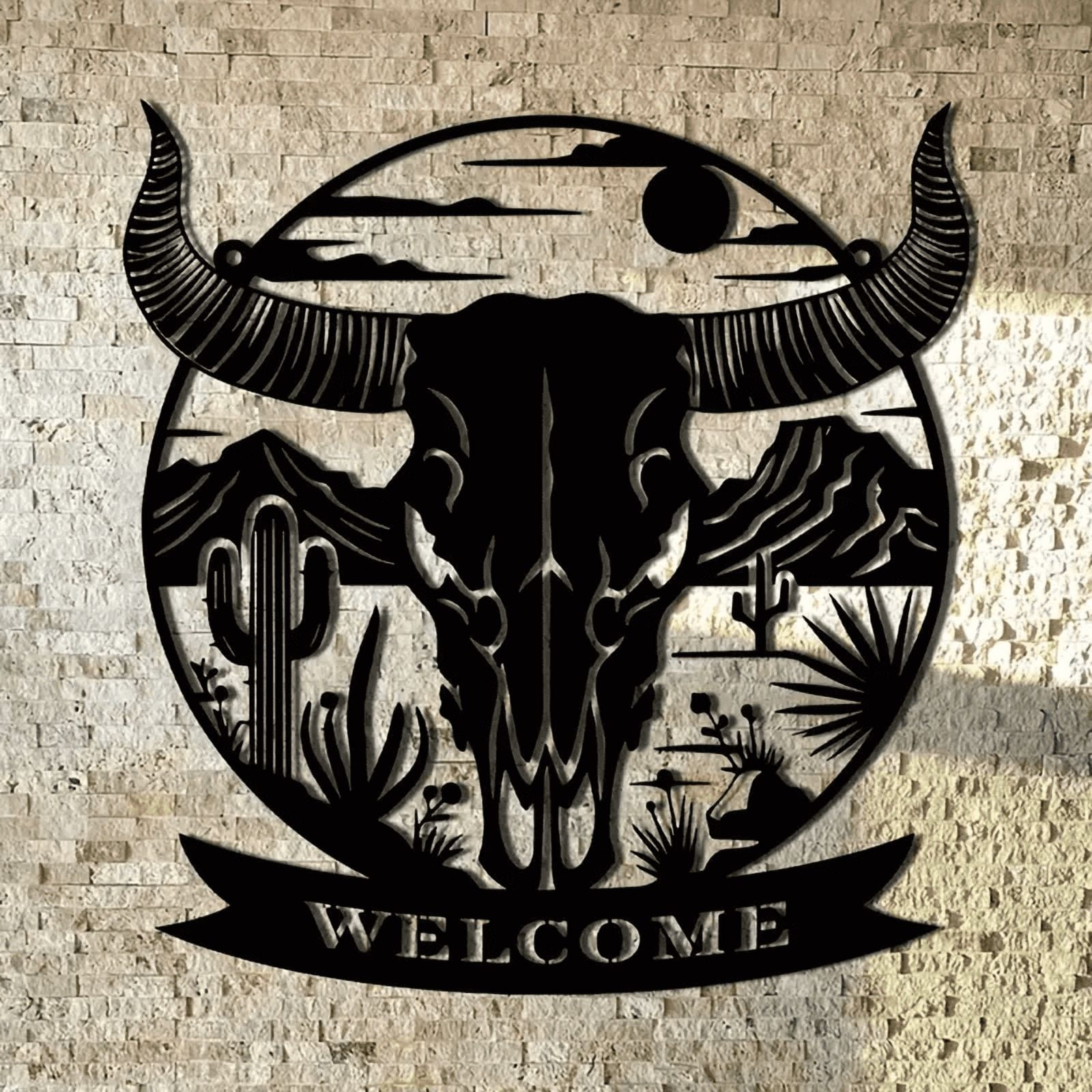 Rustic Cow Skull Metal Wall Art, Cacti & Mountains Farmhouse Decor ...