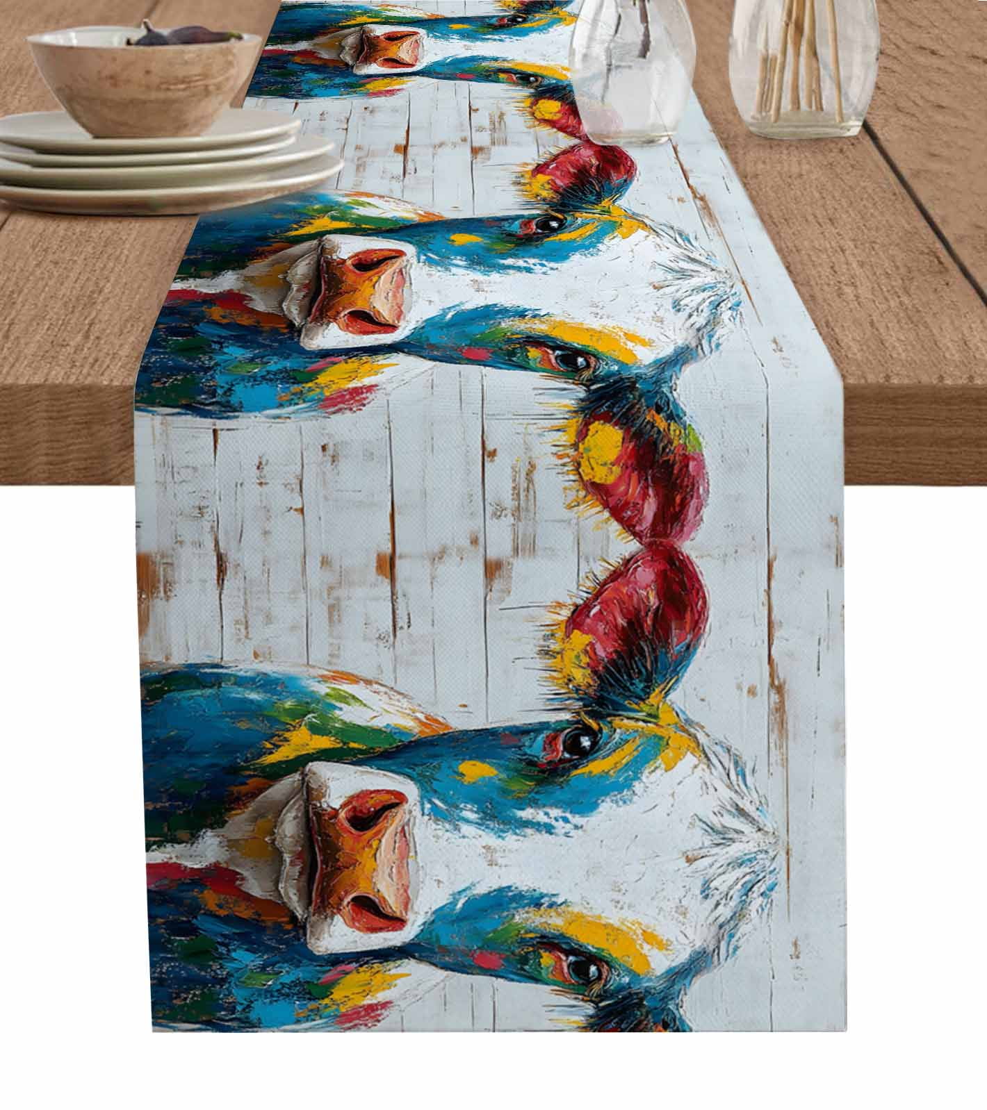 Rustic Cow Table Runner 72 Inches, Vintage Colorful Animals Art Wooden ...