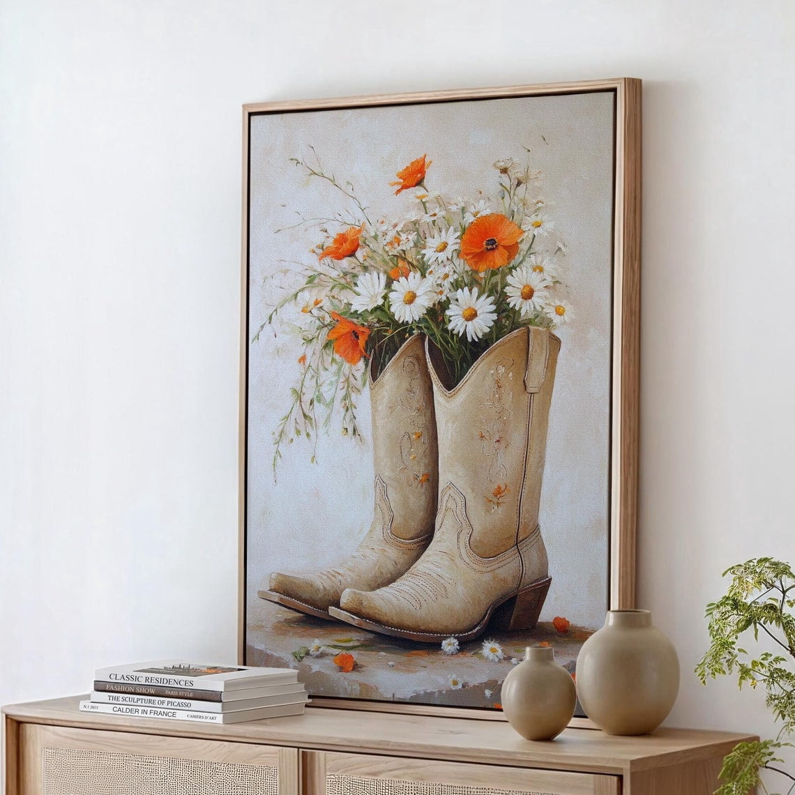 Rustic Cowboy Boots Used As Vase With Orange Poppies And White Daisies ...