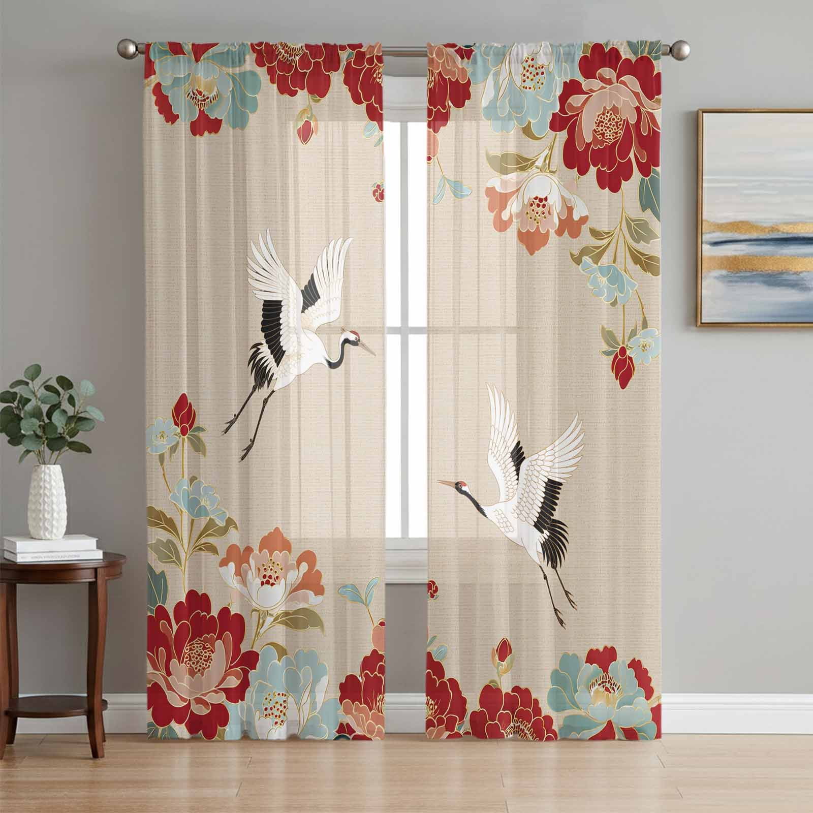 Rustic Crane Sheer Curtains 108 Inch Length 2 Panels Set Window ...