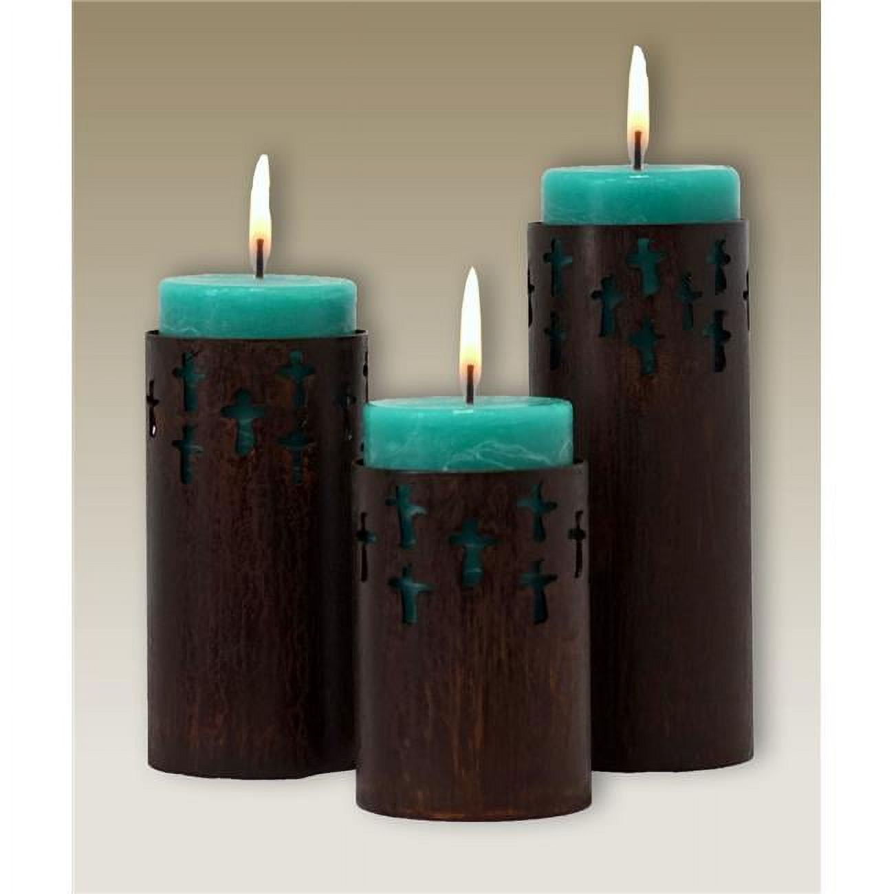Rustic Cross Cut Out Candle Holders with Turquoise Candles - Set of 3 ...