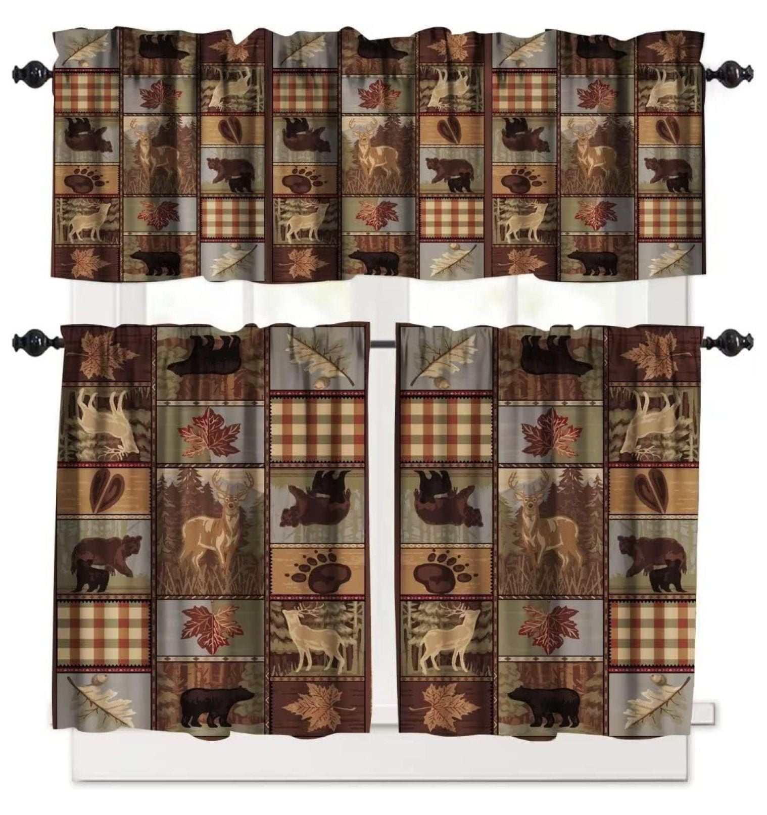 Rustic Curtain Set, Deer Bear Leaf Tree Country Farmhouse Window ...