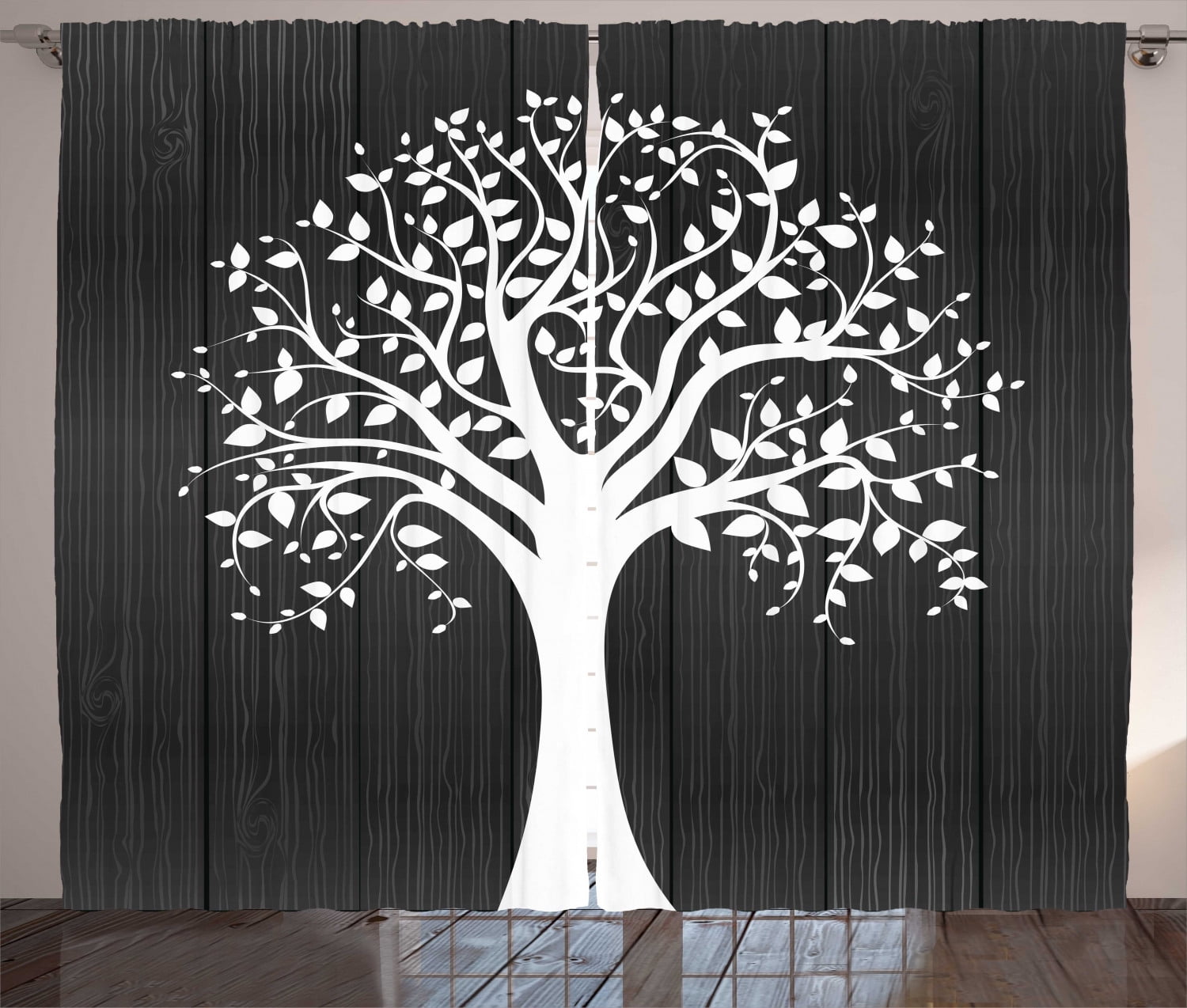 Ambesonne Wooden Curtains 2 Panel Set, Tree with Many Leaves, 108" x 63 ...