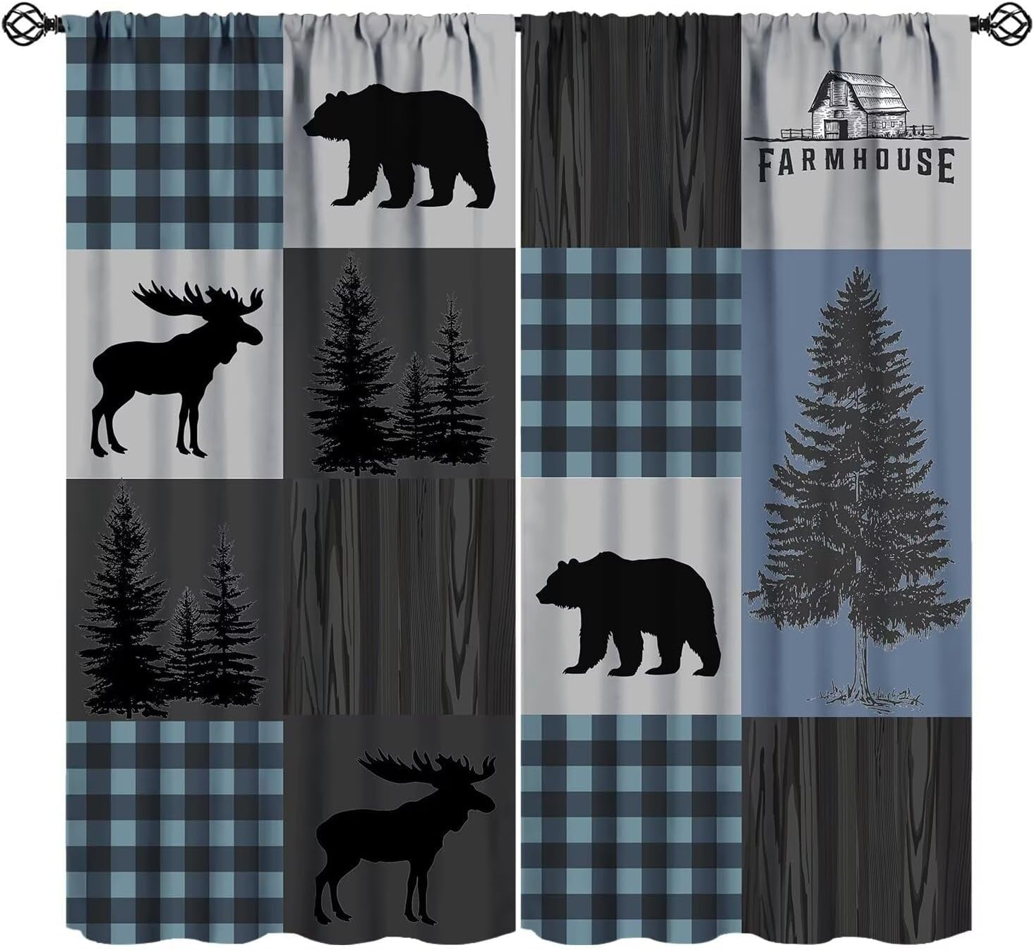 Rustic Curtains Vintage Farmhouse Bear Moose Deer Silhouette Forest ...