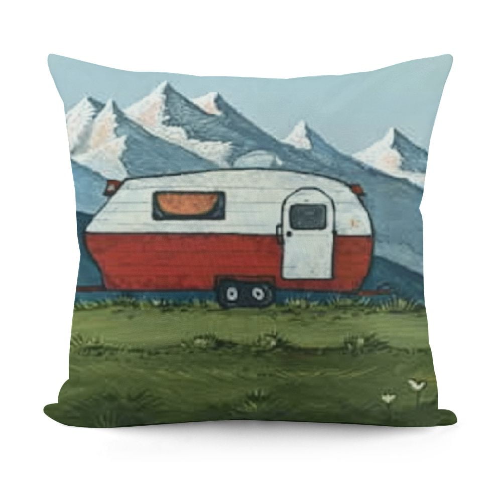 Rustic Cute Cartoon Drawing Travel Trailer Camper Throw Pillow Cover ...
