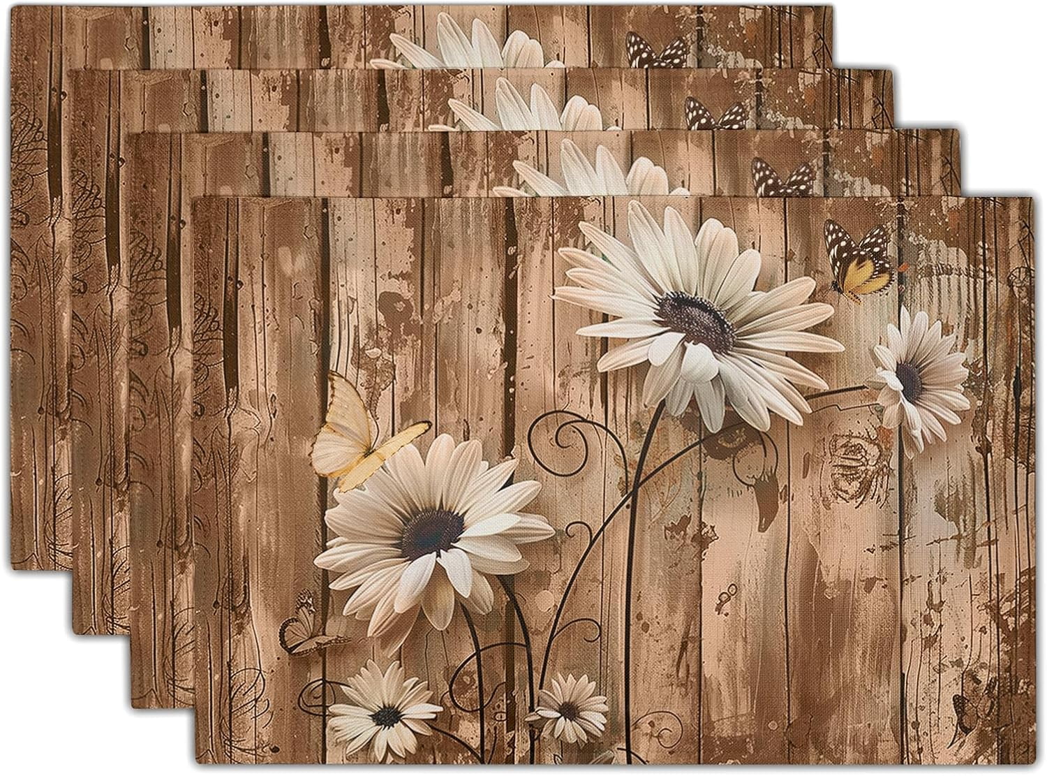 Rustic Daisy Board Placemats Set of 4 White Sunflowers Vintage Wood ...