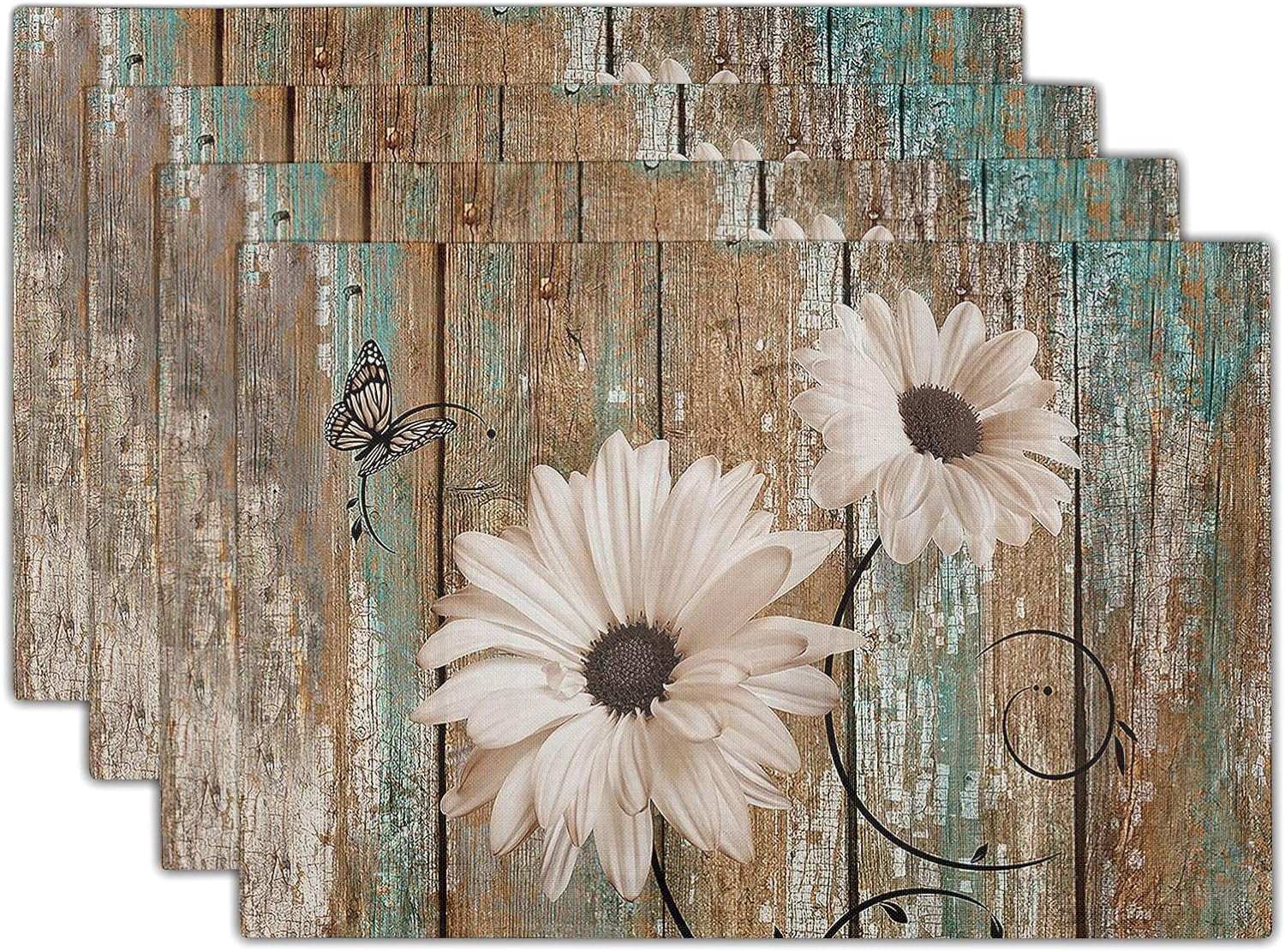 Rustic Daisy Board Placemats- White Sunflowers on Vintage Wood Plank ...