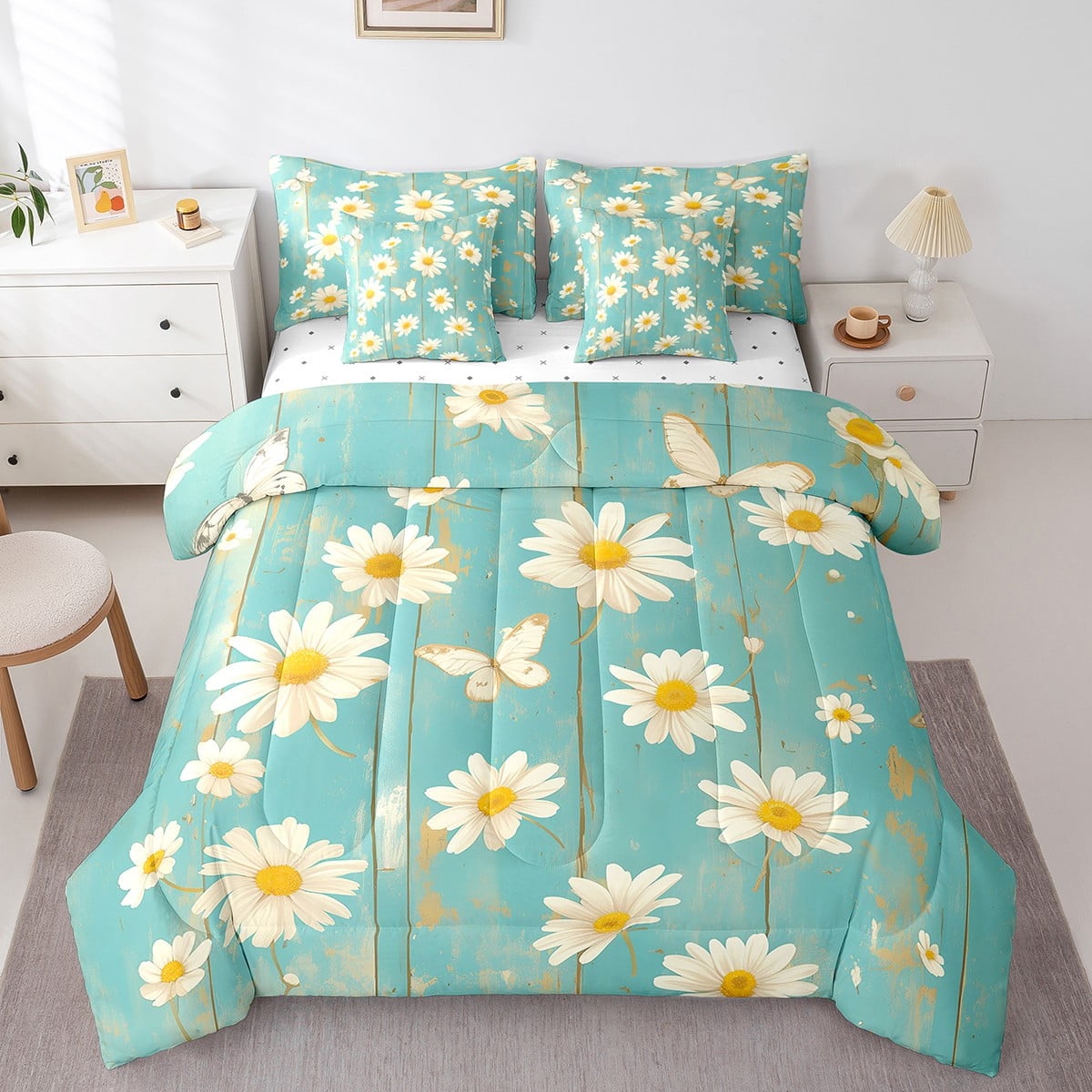Rustic Daisy Comforter Set 7 Piece Farmhouse Butterfly Queen Bedding ...
