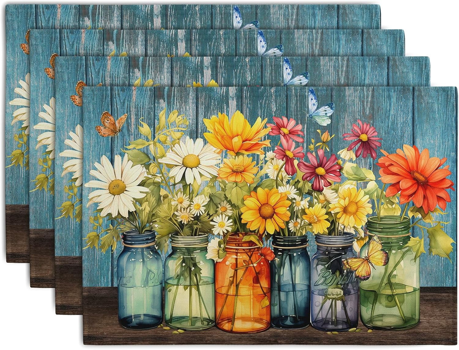 Rustic Daisy Placemats Set of 4 Vintage Flower Vases Wood Grain Linen ...
