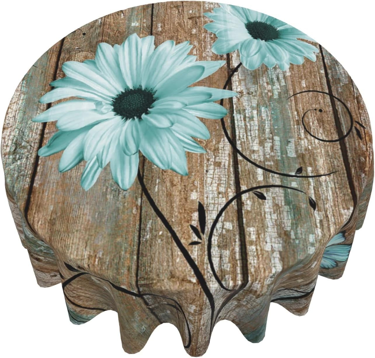 Rustic Daisy Round Tablecloth 60 Inch Vintage Teal Sunflowers Wooden Board Circle Table Cover ...