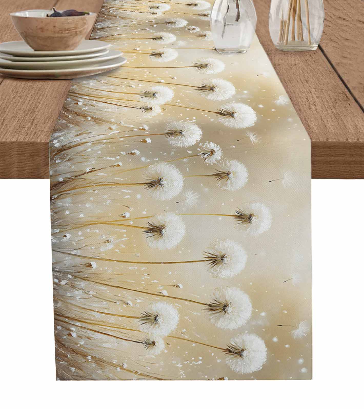 Rustic Dandelion Table Runner 120 Inches, Farmhouse Botanical White ...