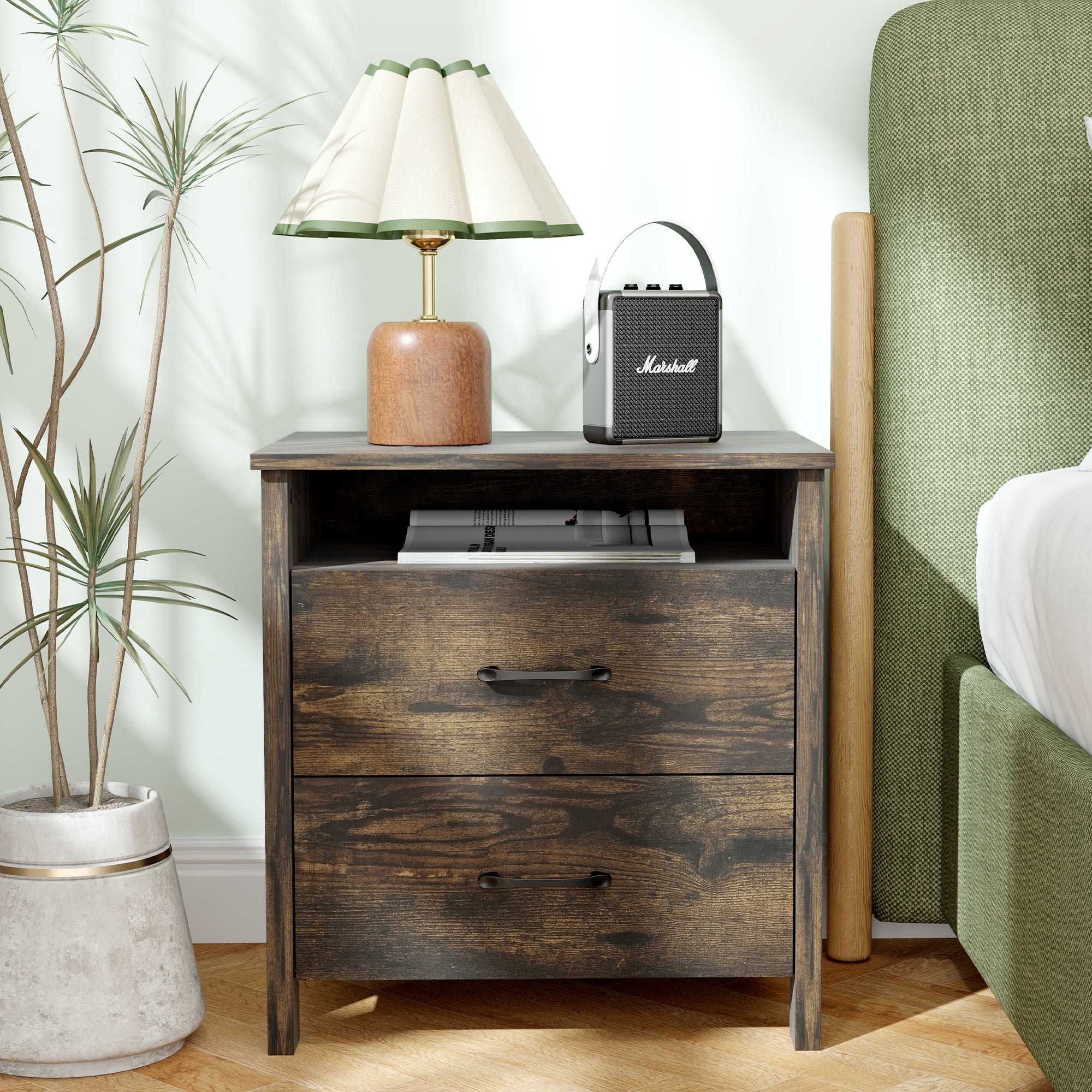 Rustic Dark Brown Nightstand with 2 Drawers, Farmhouse Bedside Table ...