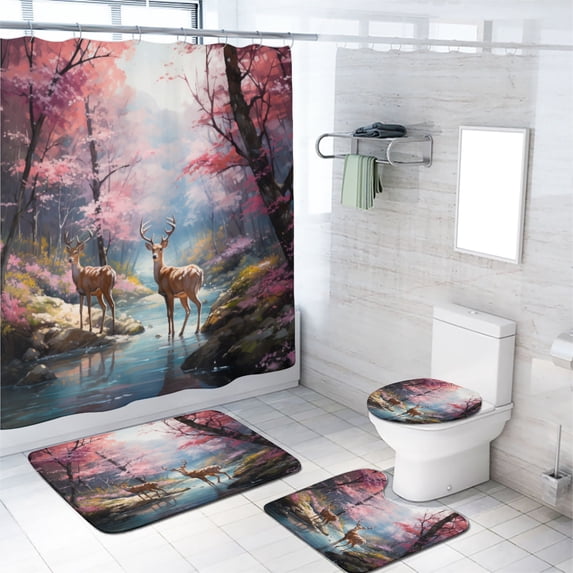 Rustic Deer 4 Pieces Shower Curtain Set with Non-Slip Rug Spring Forest ...
