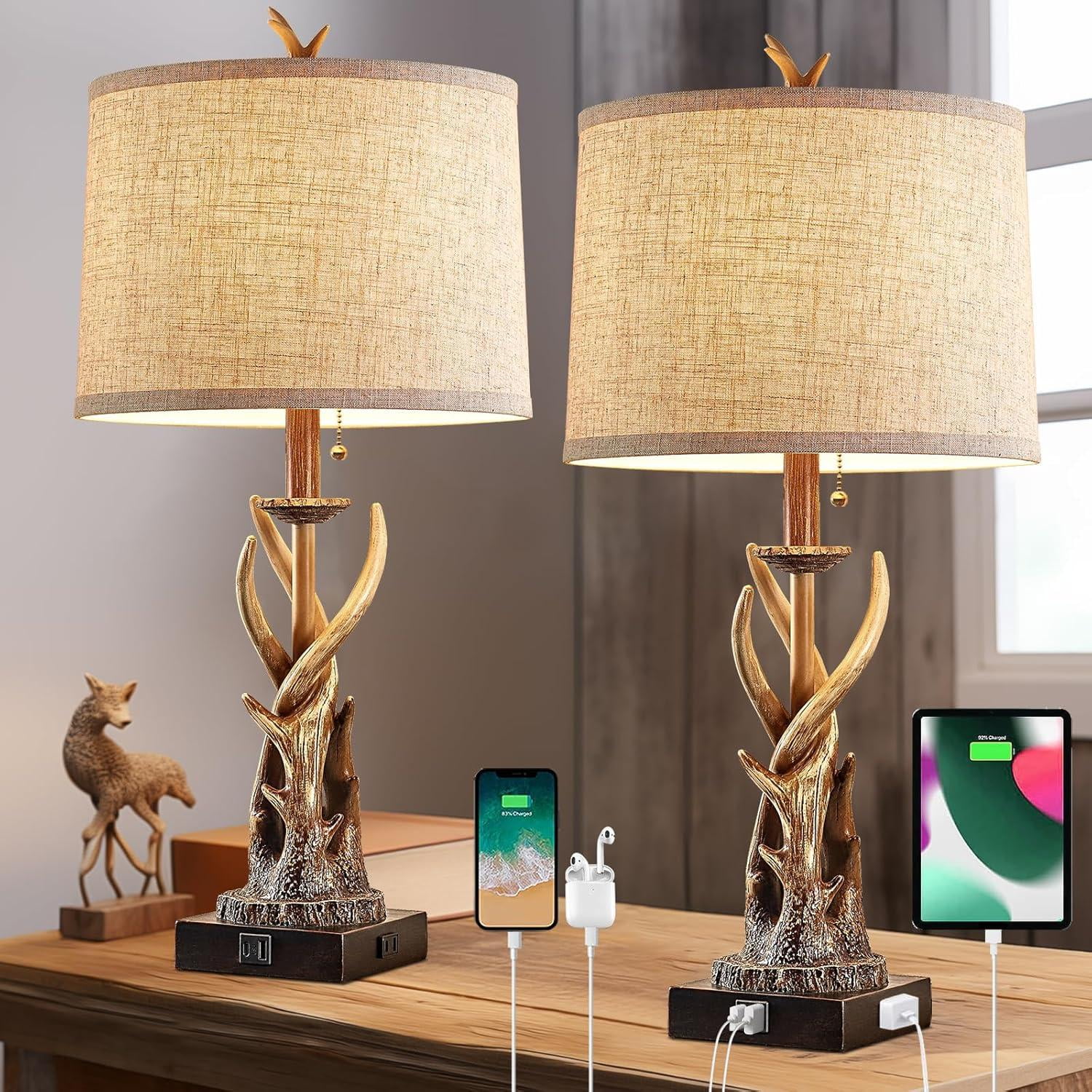 Rustic Deer Antler Table Lamps Set of 2 for Bedroom Farmhouse Bedside ...