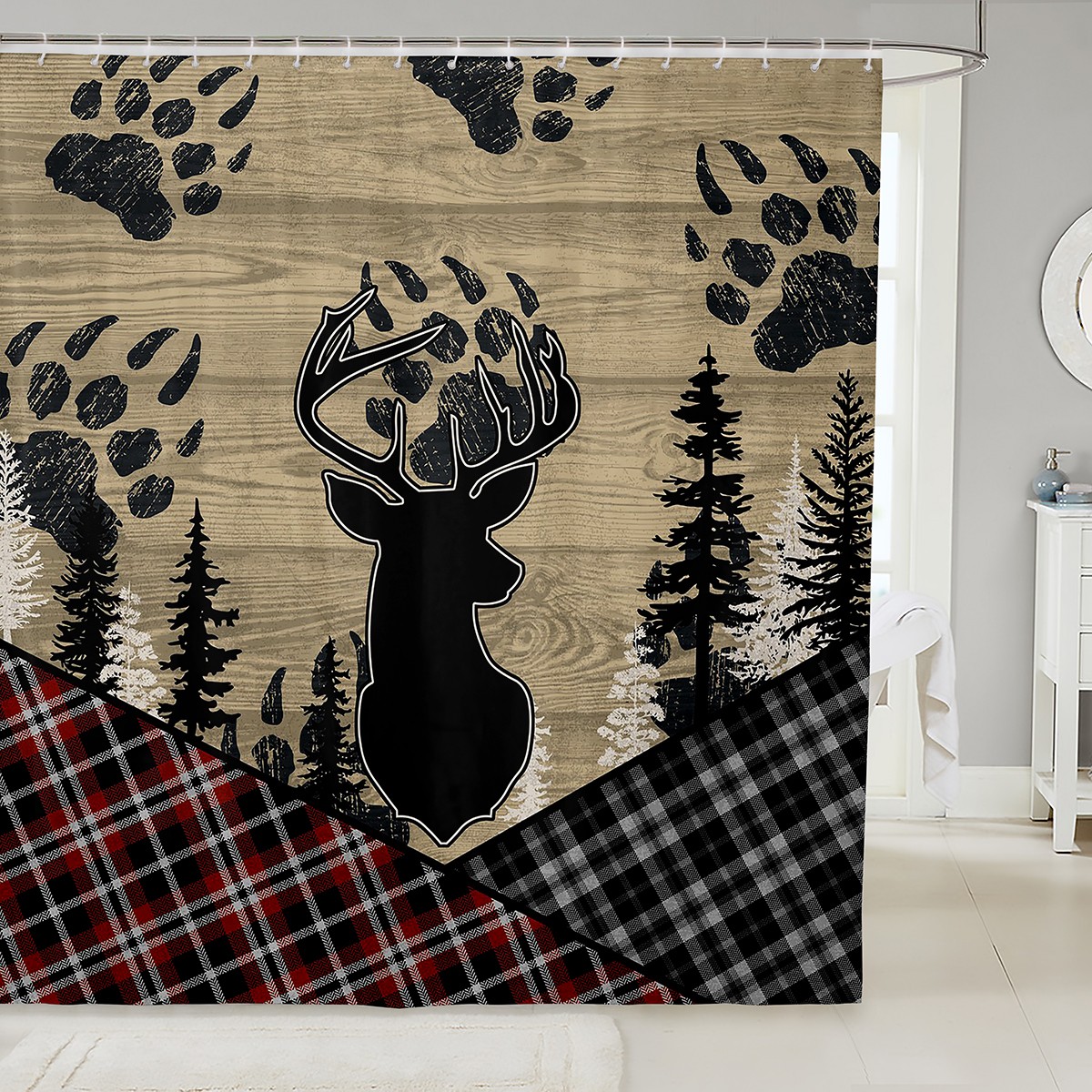 Rustic Deer Bath Curtain Checkered Buffalo Plaid Woodland Moose ...