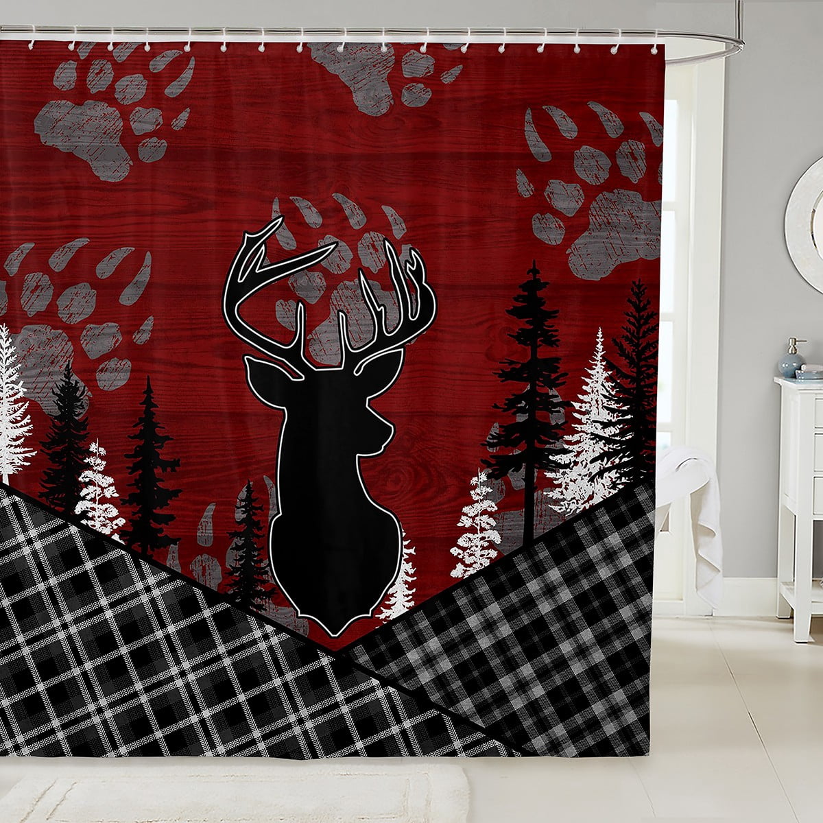 Rustic Deer Bath Curtain Checkered Buffalo Plaid Woodland Reindeer ...