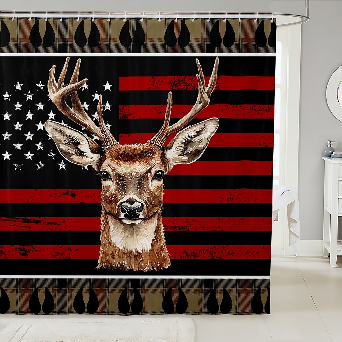 Rustic Deer Bathroom Curtain 72"Wx78"L Red Black American Flag Hunting ...