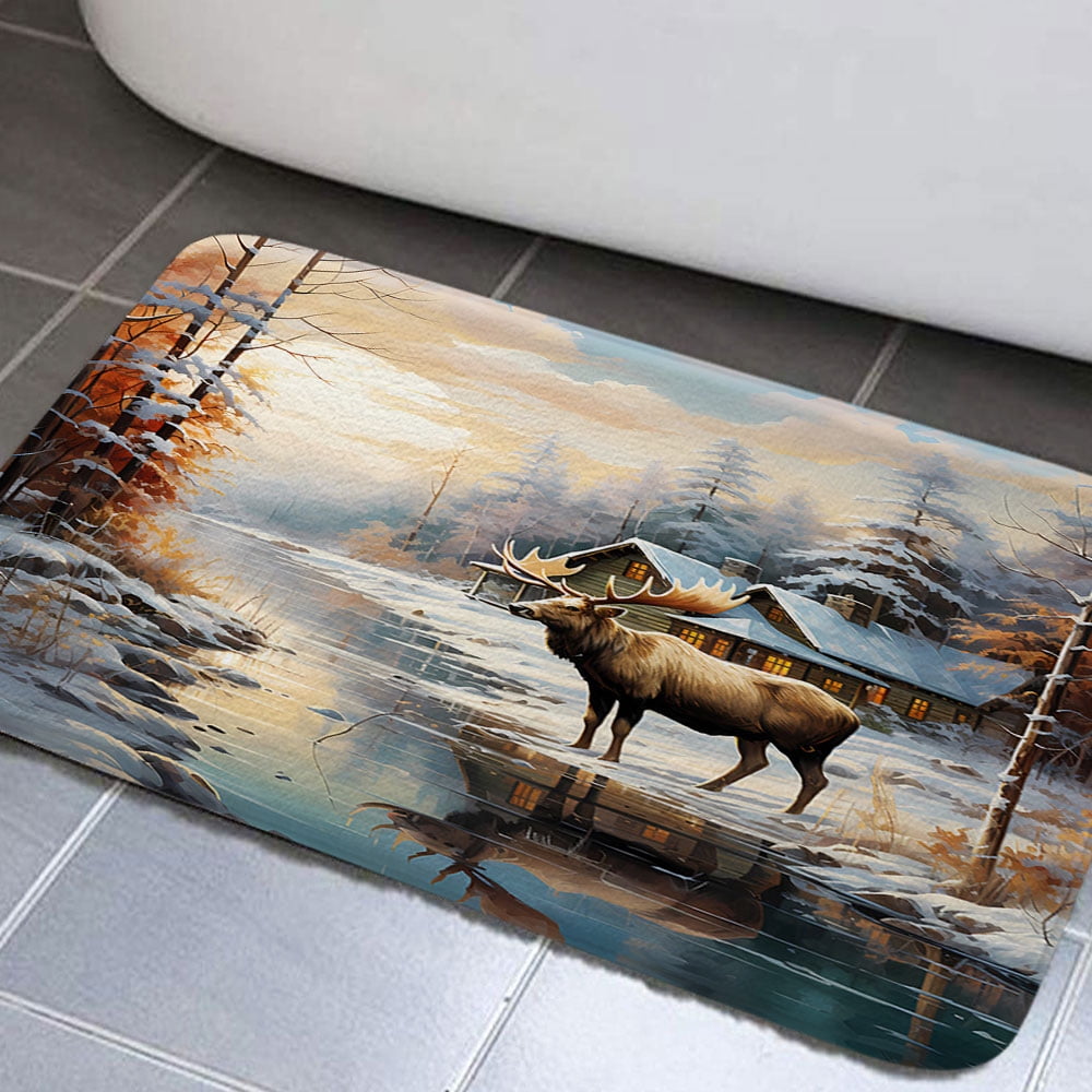 Rustic Deer Bathroom Rugs, Elk Moose Country Hunting Wild Animal Lodge ...