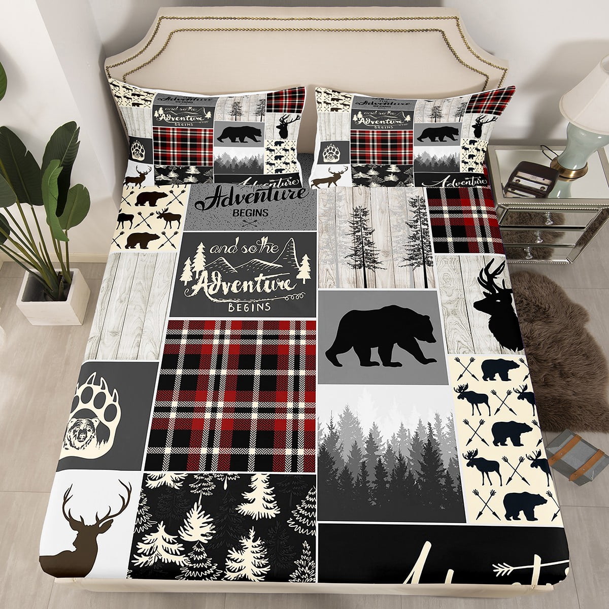 Rustic Deer Bear Fitted Sheet , Rustic Lodge Patchwork Bedding Set Twin ...