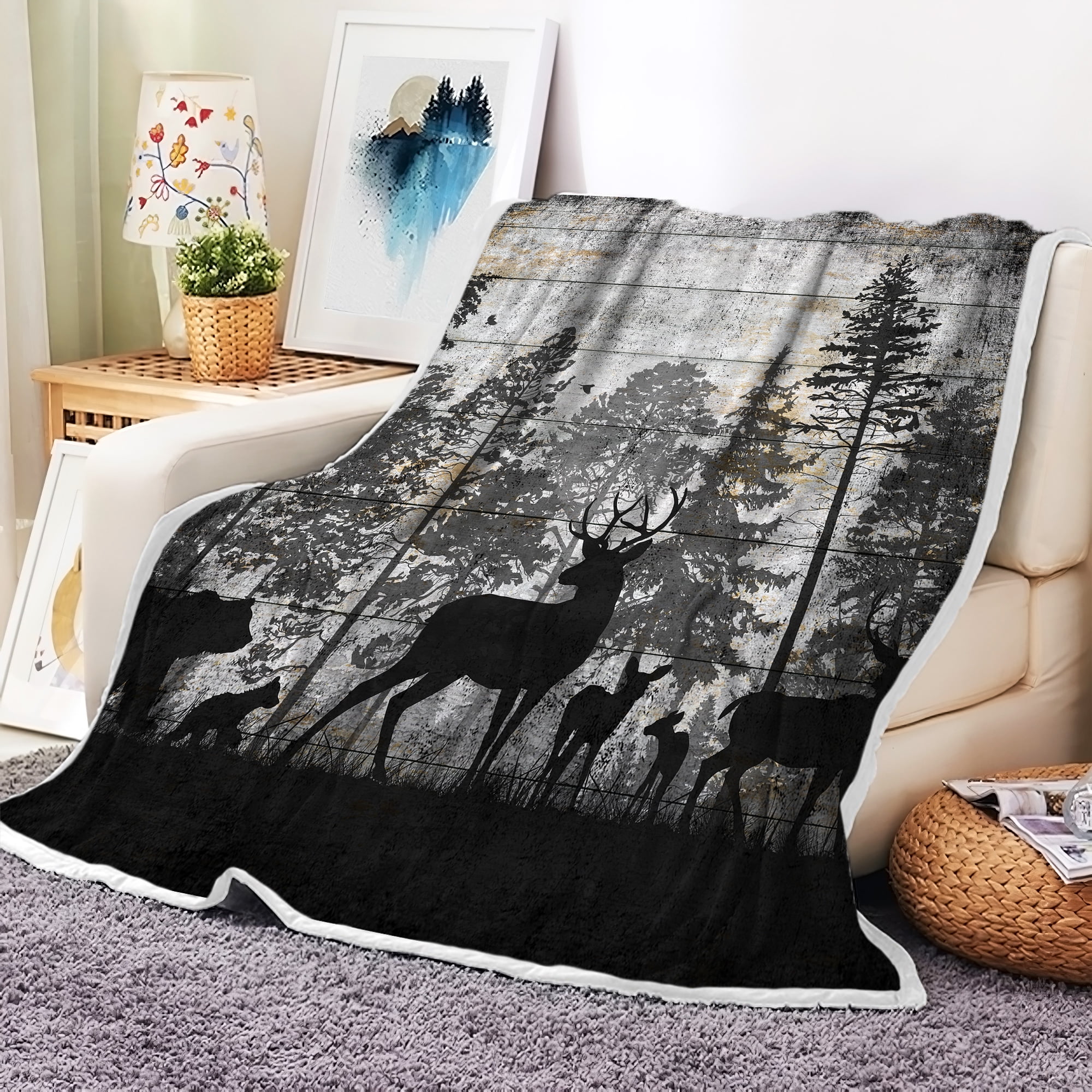Rustic Deer Bear Throw Blanket, Farmhouse Country Cabin Forest Tree ...