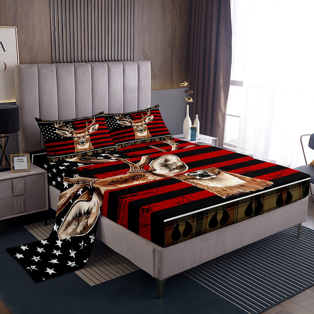 Rustic Deer Bed Sheets Queen Red Black American Flag Hunting Sheet Set ...