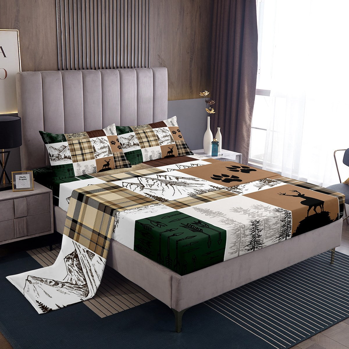 Rustic Deer Bed Sheets Full,Patchwork Sheet Set,Checkered Buffalo Plaid ...