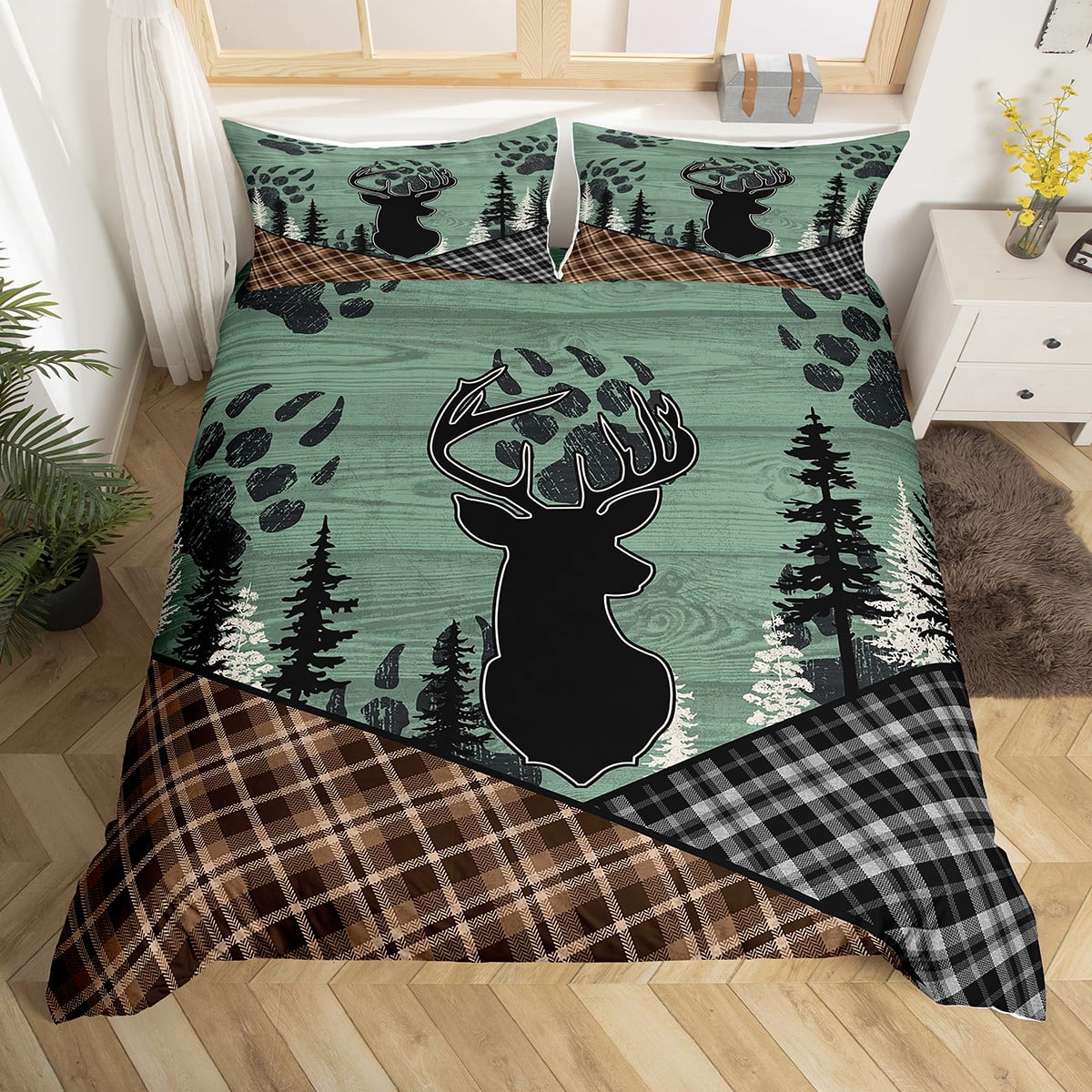 Rustic Deer Bedding Set Checkered Buffalo Plaid Comforter Cover ...