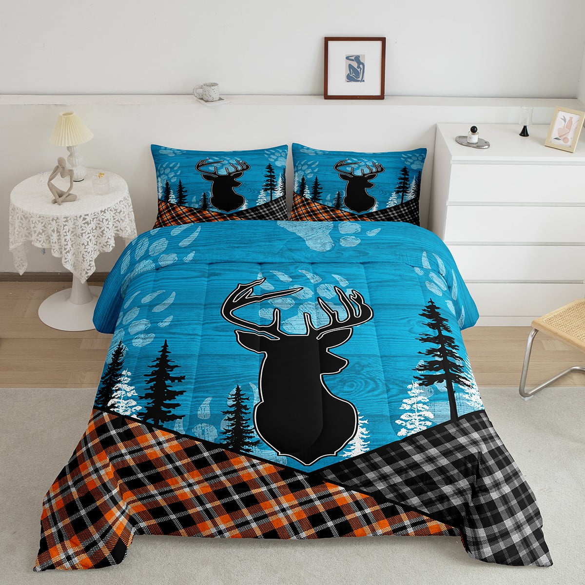 Rustic Deer Bedding Set Checkered Buffalo Plaid Quilt,Woodland Wildlife Reindeer Moose Comforter ...