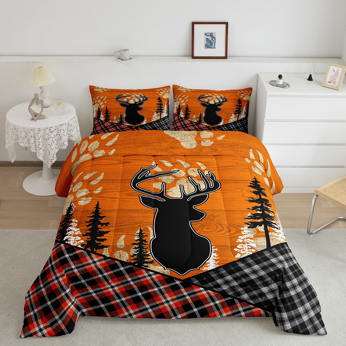 Rustic Deer Bedding Set Checkered Buffalo Plaid Quilt,Woodland Wildlife ...