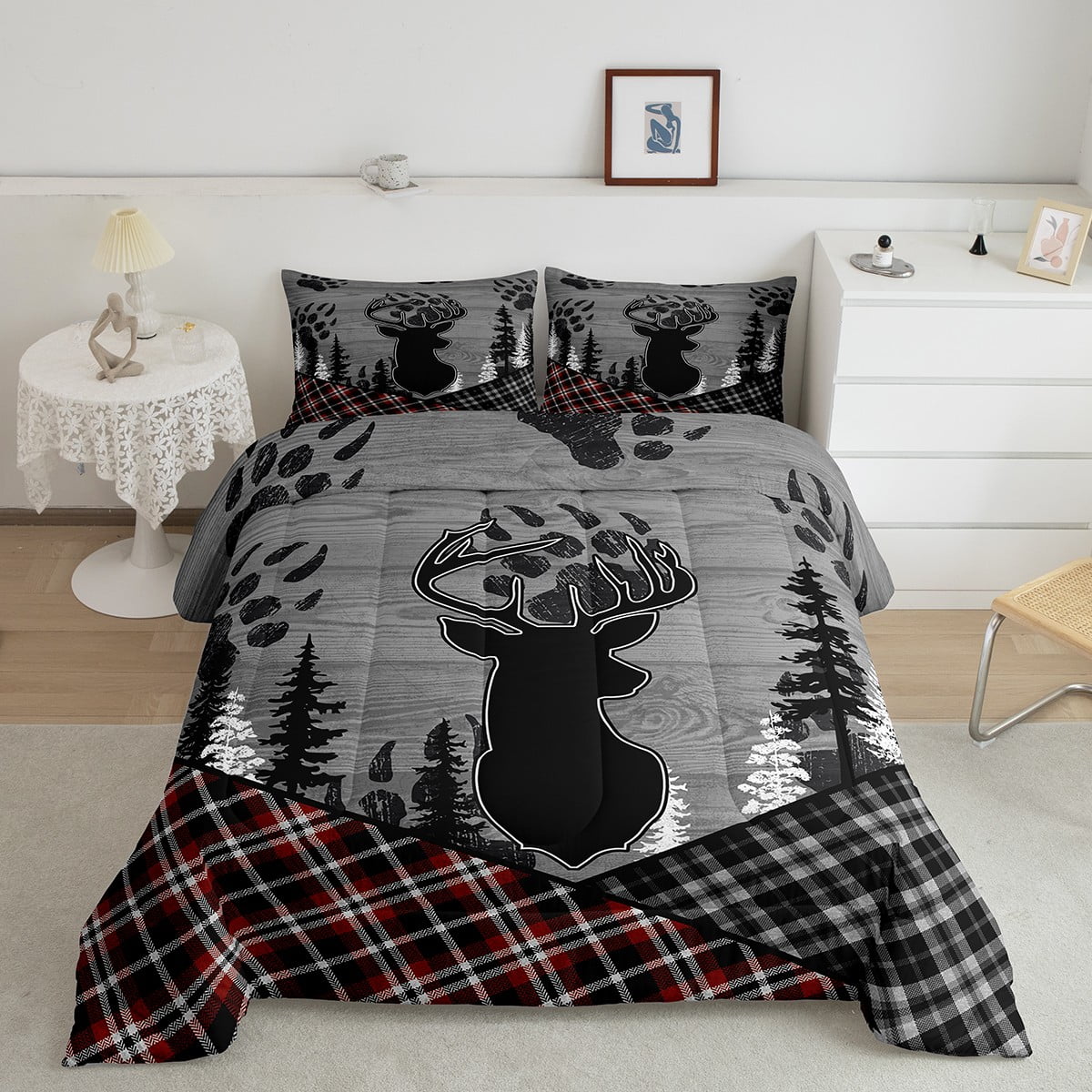 Rustic Deer Bedding Set Checkered Buffalo Plaid Quilt,Woodland Wildlife ...