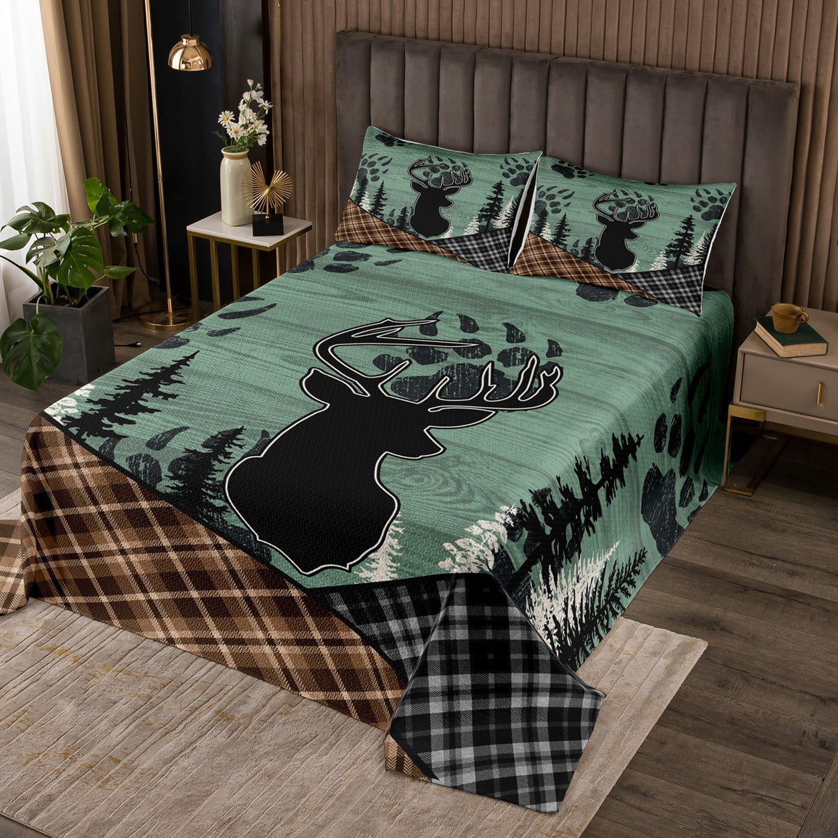 Rustic Deer Bedspread Set Checkered Buffalo Plaid Coverlet Set,Woodland ...