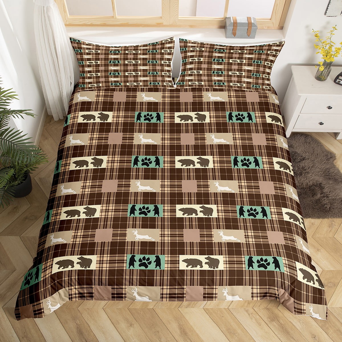 Rustic Deer Comforter Cover Bear Patchwork Duvet Cover Twin for Teens ...
