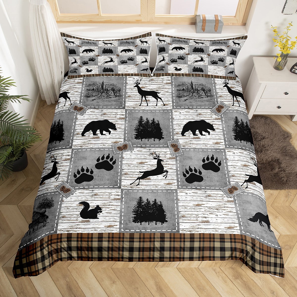 Rustic Deer Comforter Cover Bear Wolf Patchwork Duvet Cover Queen for ...