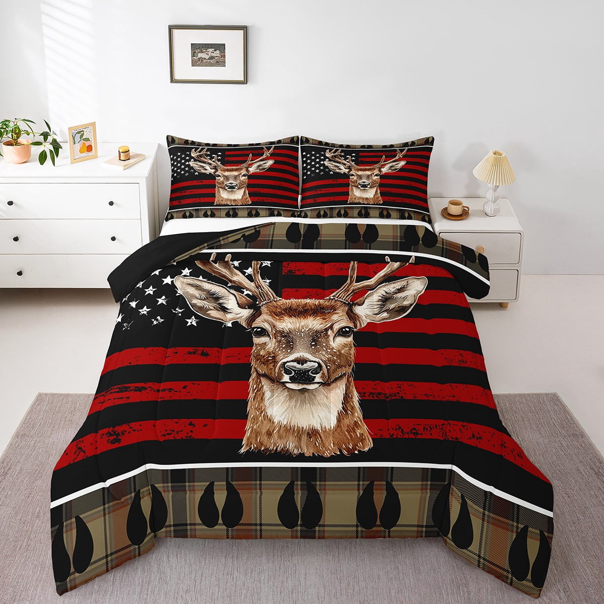 Rustic Deer Comforter Set King Red Black American Flag Hunting Bedding ...