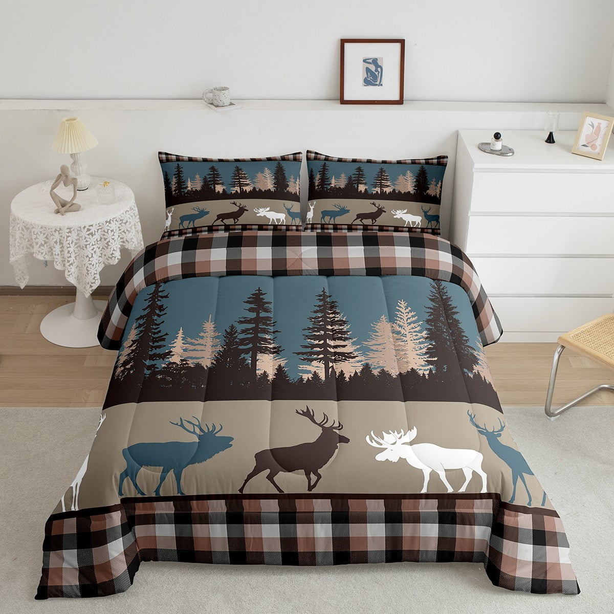 Rustic Deer Comforter Set Queen,Moose Patchwork Bedding Set Teens Adult ...