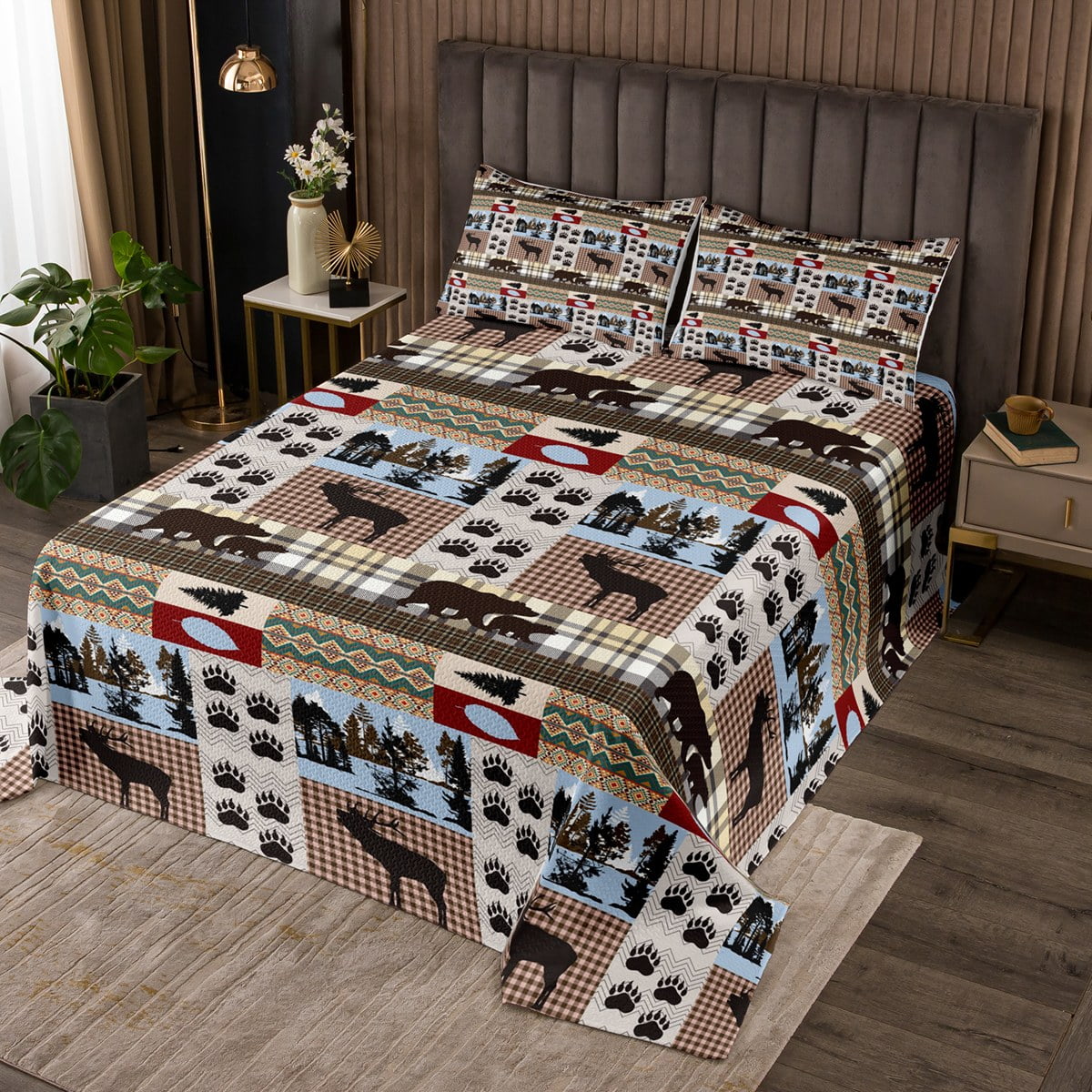 Rustic Deer Coverlet Set Bear Patchwork Quilt Set Queen for Teens Men ...