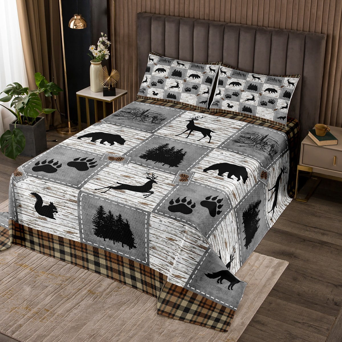 Rustic Deer Coverlet Set Bear Wolf Patchwork Quilt Set Queen for Teens ...