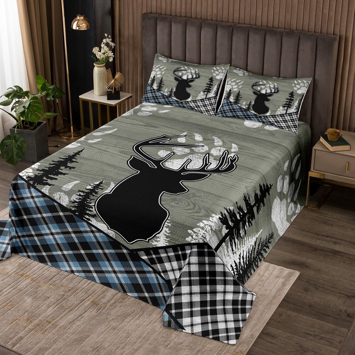 Rustic Deer Coverlet Set Woodland Animal Patchwork Quilt Set Queen ...