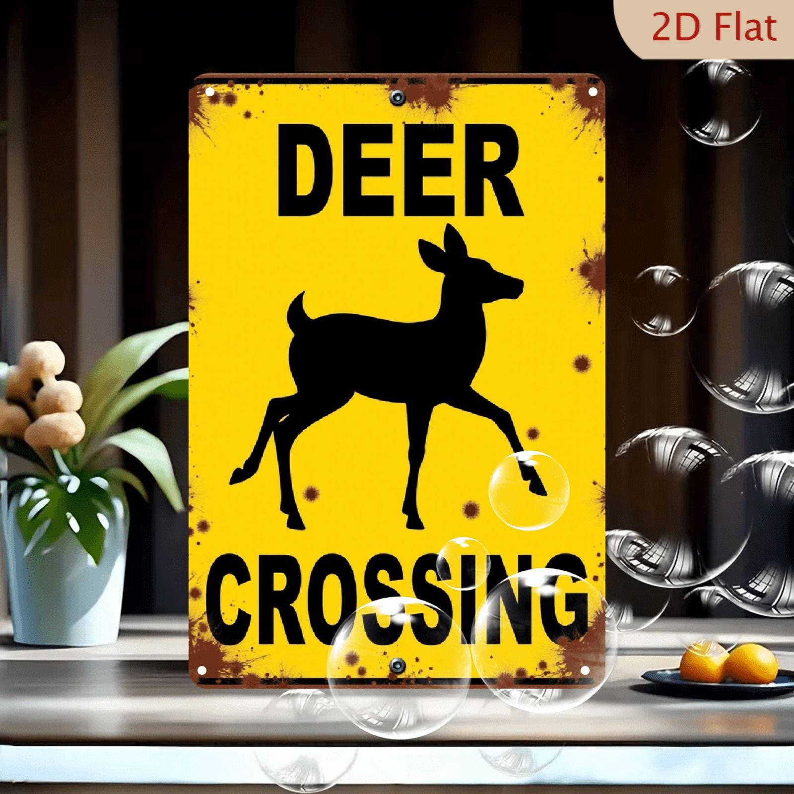 Rustic Deer Crossing Metal Sign - Vintage Yellow Caution Wall Art with ...